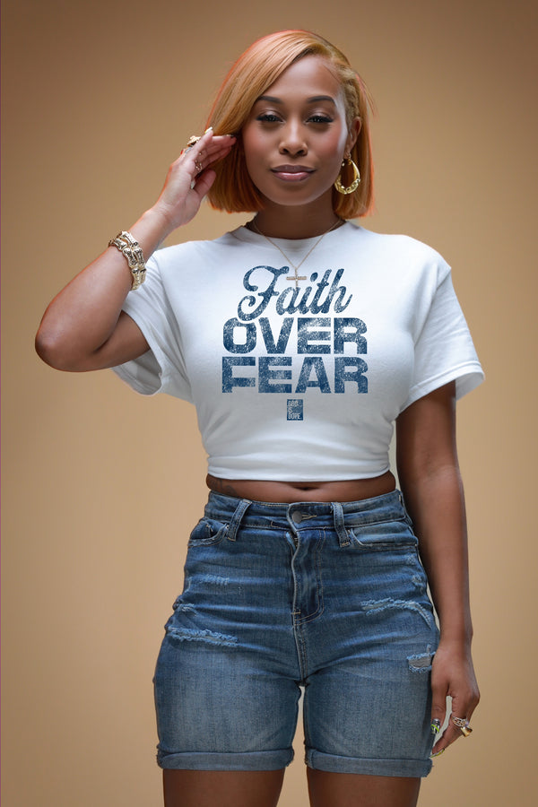 Faith Over Fear Distressed Print Tee (White/Denim) - God Is Dope
